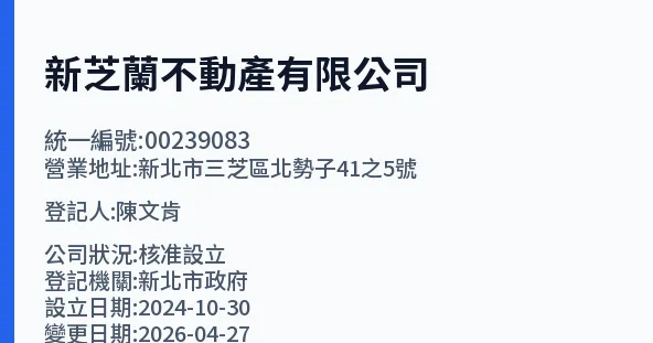 新芝蘭不動產有限公司的照片-統編 00239083(新北市) 公司登記資料與營業項目詳細圖表