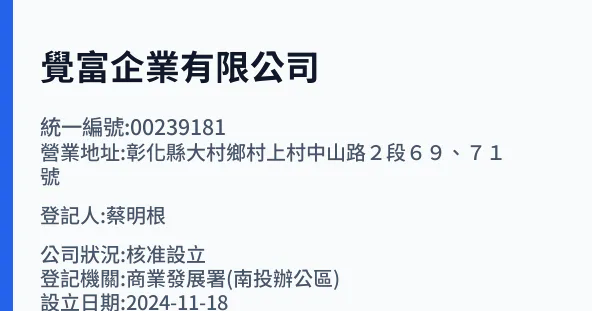 覺富企業有限公司的照片-統編 00239181(彰化縣) 公司登記資料與營業項目詳細圖表