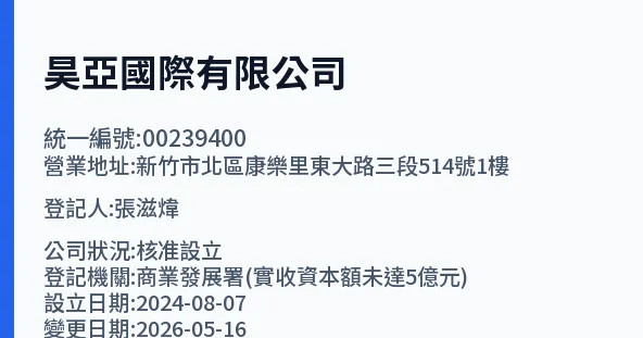 昊亞國際有限公司的照片-統編 00239400(新竹市) 公司登記資料與營業項目詳細圖表