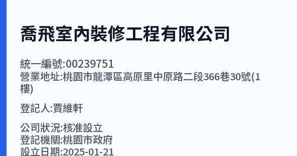 喬飛室內裝修工程有限公司的照片-統編 00239751(桃園市) 公司登記資料與營業項目詳細圖表