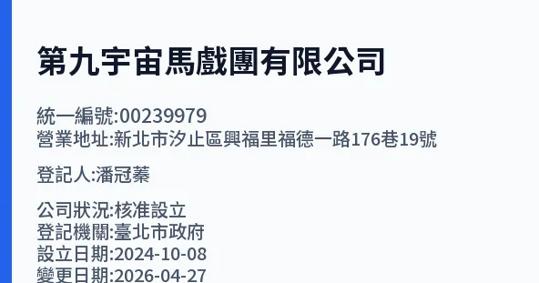 第九宇宙馬戲團有限公司的照片-統編 00239979(新北市) 公司登記資料與營業項目詳細圖表