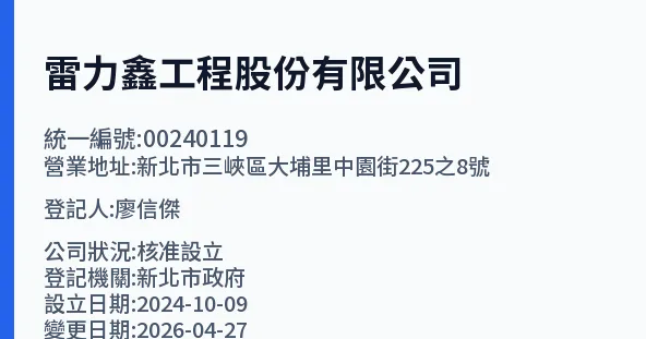 雷力鑫工程股份有限公司的照片-統編 00240119(新北市) 公司登記資料與營業項目詳細圖表