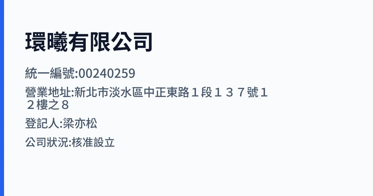 環曦有限公司 - 統編 00240259(新北市) 公司登記資料與營業項目詳細圖表