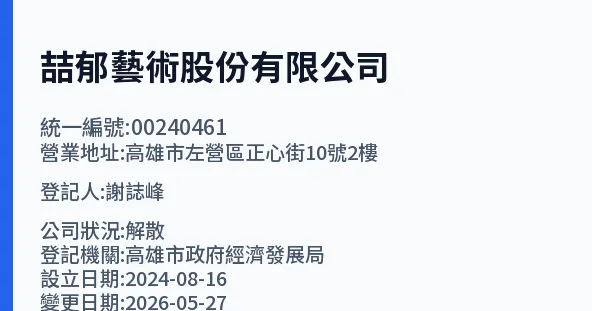 喆郁藝術股份有限公司的照片-統編 00240461(高雄市) 公司登記資料與營業項目詳細圖表