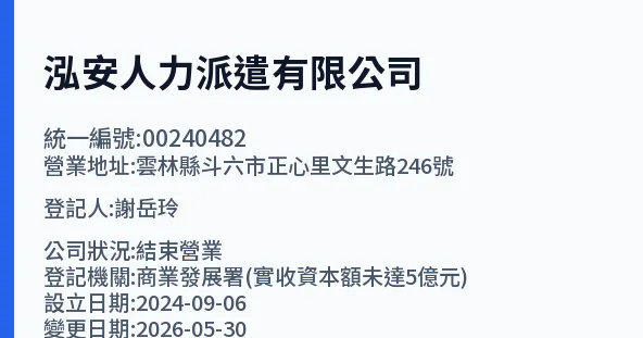 泓安人力派遣有限公司的照片-統編 00240482(雲林縣) 公司登記資料與營業項目詳細圖表