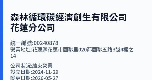 森林循環碳經濟創生有限公司花蓮分公司的照片-統編 00240878(花蓮縣) 公司登記資料與營業項目詳細圖表