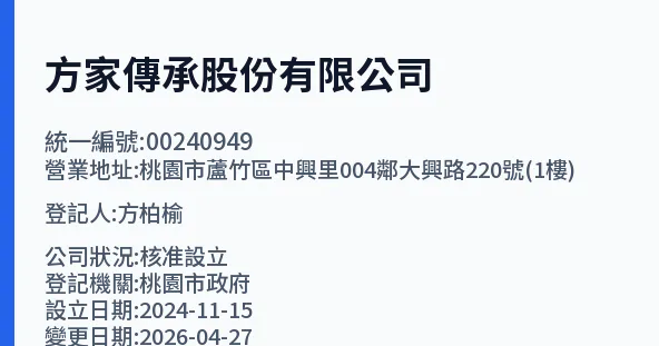方家傳承股份有限公司的照片-統編 00240949(桃園市) 公司登記資料與營業項目詳細圖表