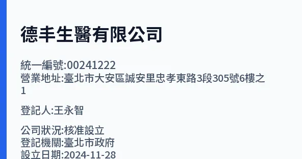 德丰生醫有限公司的照片-統編 00241222(臺北市) 公司登記資料與營業項目詳細圖表