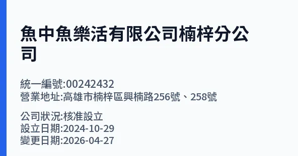魚中魚樂活有限公司楠梓分公司的照片-統編 00242432(高雄市) 公司登記資料與營業項目詳細圖表