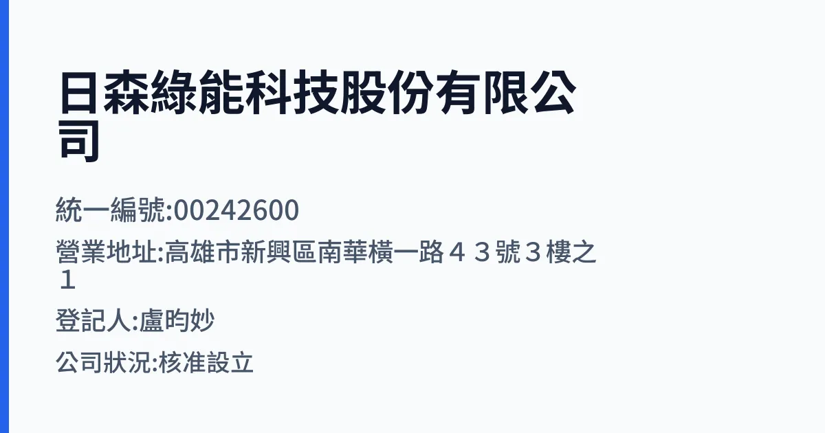 日森綠能科技股份有限公司 - 統編 00242600(高雄市) 公司登記資料與營業項目詳細圖表