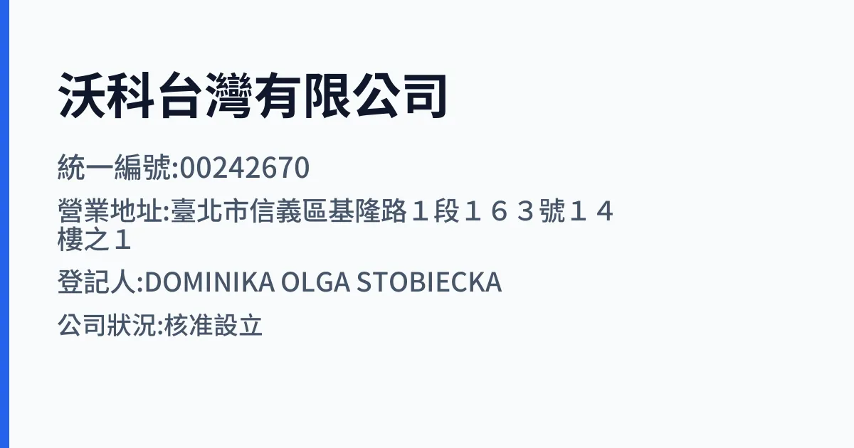 沃科台灣有限公司 - 統編 00242670(臺北市) 公司登記資料與營業項目詳細圖表