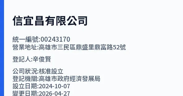 信宜昌有限公司的照片-統編 00243170(高雄市) 公司登記資料與營業項目詳細圖表