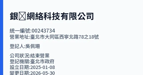 銀兎網絡科技有限公司的照片-統編 00243734(臺北市) 公司登記資料與營業項目詳細圖表