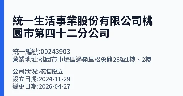 統一生活事業股份有限公司桃園市第四十二分公司的照片-統編 00243903(桃園市) 公司登記資料與營業項目詳細圖表