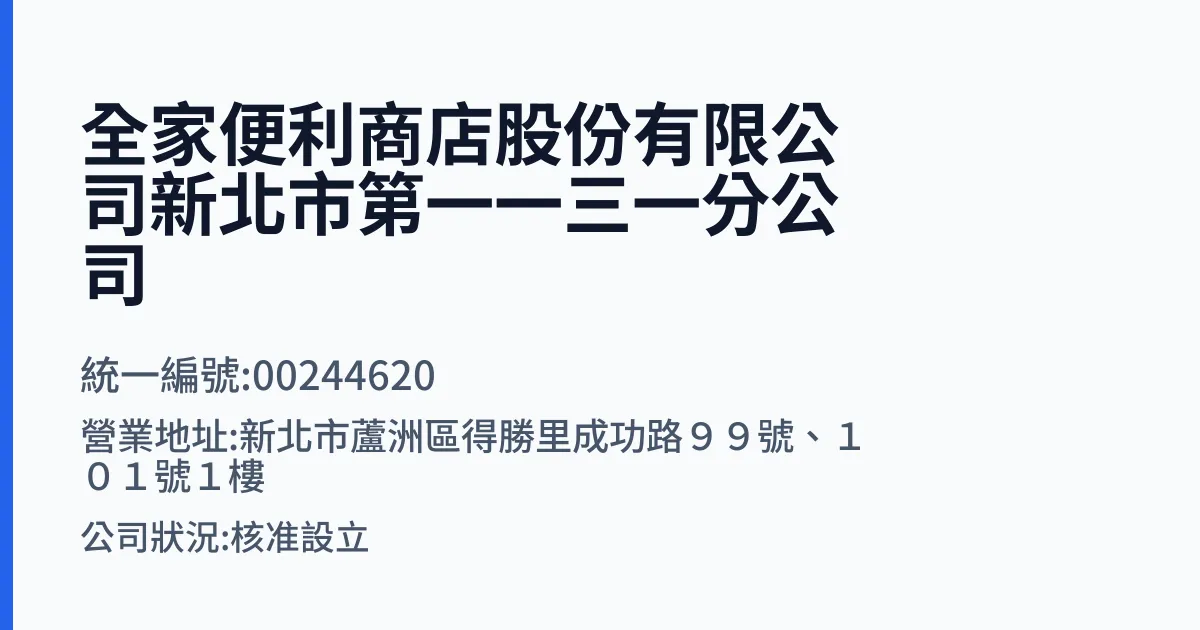 全家便利商店股份有限公司新北市第一一三一分公司 - 統編 00244620(新北市) 公司登記資料與營業項目詳細圖表