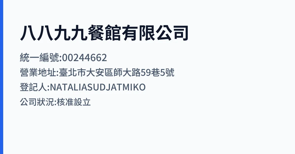 八八九九餐館有限公司 - 統編 00244662(臺北市) 公司登記資料與營業項目詳細圖表