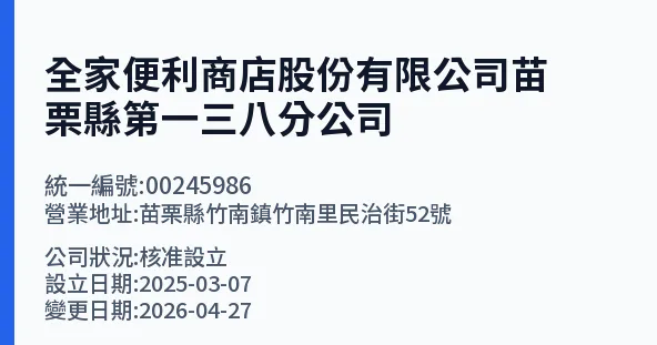 全家便利商店股份有限公司苗栗縣第一三八分公司的照片-統編 00245986(苗栗縣) 公司登記資料與營業項目詳細圖表