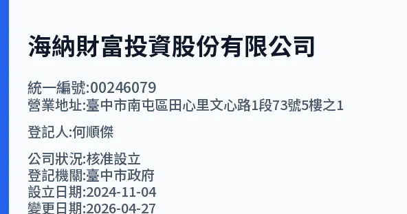 海納財富投資股份有限公司的照片-統編 00246079(臺中市) 公司登記資料與營業項目詳細圖表