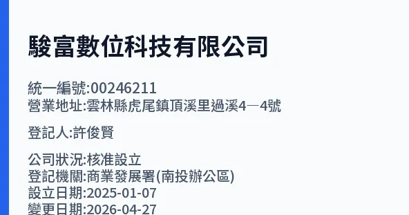 駿富數位科技有限公司的照片-統編 00246211(雲林縣) 公司登記資料與營業項目詳細圖表