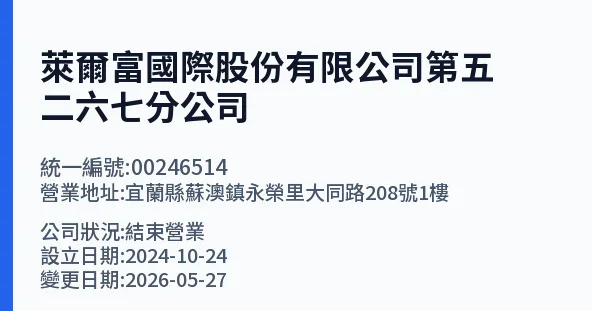 萊爾富國際股份有限公司第五二六七分公司的照片-統編 00246514(宜蘭縣) 公司登記資料與營業項目詳細圖表