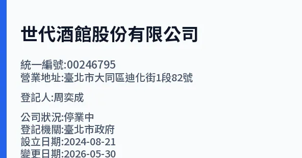 世代酒館股份有限公司的照片-統編 00246795(臺北市) 公司登記資料與營業項目詳細圖表
