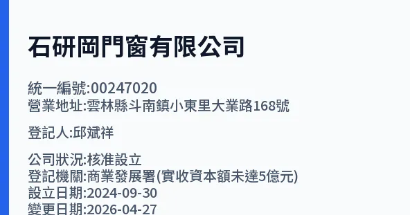 石研岡門窗有限公司的照片-統編 00247020(雲林縣) 公司登記資料與營業項目詳細圖表