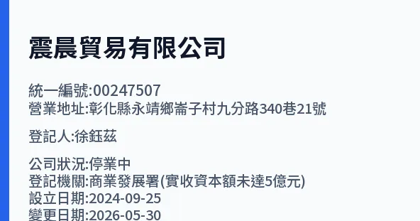 震晨貿易有限公司的照片-統編 00247507(彰化縣) 公司登記資料與營業項目詳細圖表
