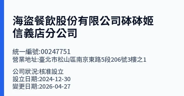 海盜餐飲股份有限公司砵砵姬信義店分公司的照片-統編 00247751(臺北市) 公司登記資料與營業項目詳細圖表