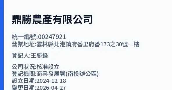鼎勝農產有限公司的照片-統編 00247921(雲林縣) 公司登記資料與營業項目詳細圖表