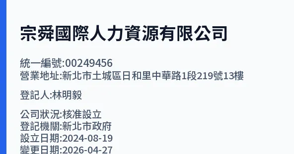 宗舜國際人力資源有限公司的照片-統編 00249456(新北市) 公司登記資料與營業項目詳細圖表