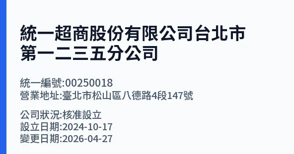 統一超商股份有限公司台北市第一二三五分公司的照片-統編 00250018(臺北市) 公司登記資料與營業項目詳細圖表