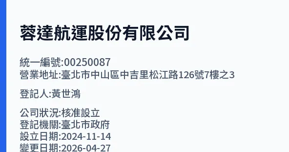 蓉達航運股份有限公司的照片-統編 00250087(臺北市) 公司登記資料與營業項目詳細圖表