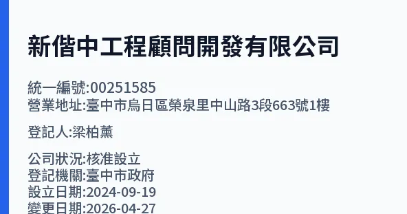 新偕中工程顧問開發有限公司的照片-統編 00251585(臺中市) 公司登記資料與營業項目詳細圖表