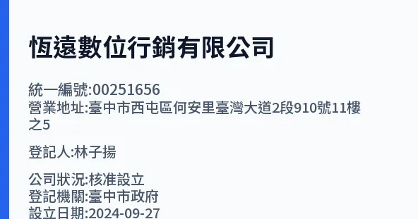 恆遠數位行銷有限公司的照片-統編 00251656(臺中市) 公司登記資料與營業項目詳細圖表