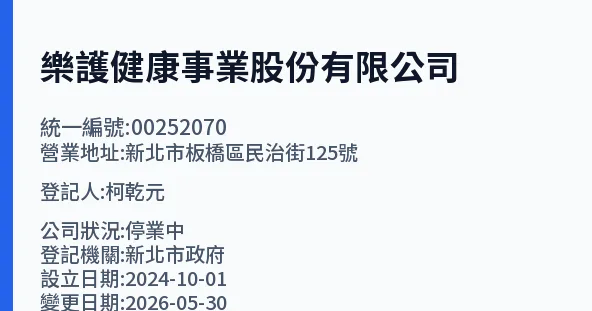 樂護健康事業股份有限公司的照片-統編 00252070(新北市) 公司登記資料與營業項目詳細圖表
