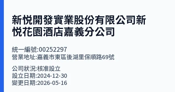 新悦開發實業股份有限公司新悦花園酒店嘉義分公司的照片-統編 00252297(嘉義市) 公司登記資料與營業項目詳細圖表