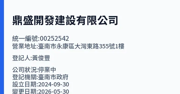 鼎盛開發建設有限公司的照片-統編 00252542(臺南市) 公司登記資料與營業項目詳細圖表