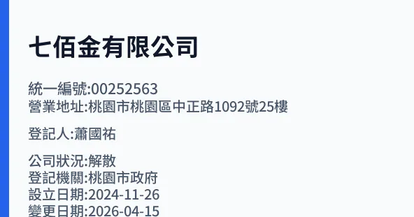 七佰金有限公司的照片-統編 00252563(桃園市) 公司登記資料與營業項目詳細圖表