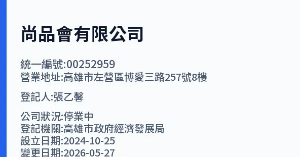 尚品會有限公司的照片-統編 00252959(高雄市) 公司登記資料與營業項目詳細圖表