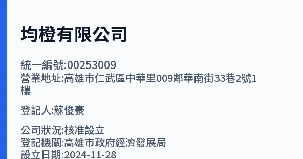 均橙有限公司的照片-統編 00253009(高雄市) 公司登記資料與營業項目詳細圖表