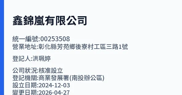 鑫錦嵐有限公司的照片-統編 00253508(彰化縣) 公司登記資料與營業項目詳細圖表