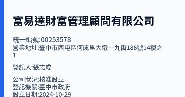 富易達財富管理顧問有限公司的照片-統編 00253578(臺中市) 公司登記資料與營業項目詳細圖表