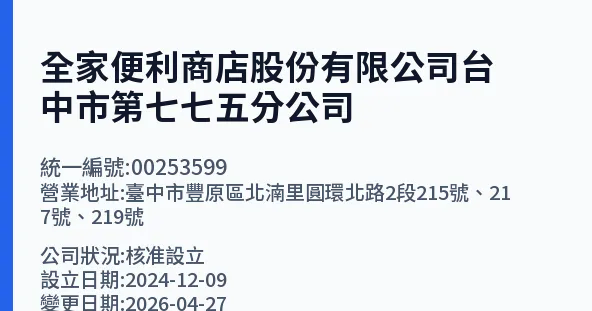 全家便利商店股份有限公司台中市第七七五分公司的照片-統編 00253599(臺中市) 公司登記資料與營業項目詳細圖表