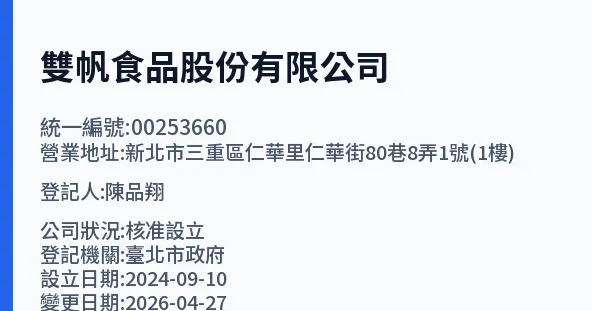 雙帆食品股份有限公司的照片-統編 00253660(新北市) 公司登記資料與營業項目詳細圖表