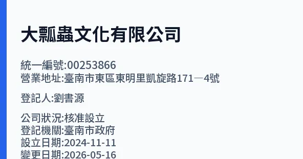 大瓢蟲文化有限公司的照片-統編 00253866(臺南市) 公司登記資料與營業項目詳細圖表