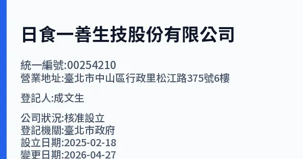 日食一善生技股份有限公司的照片-統編 00254210(臺北市) 公司登記資料與營業項目詳細圖表