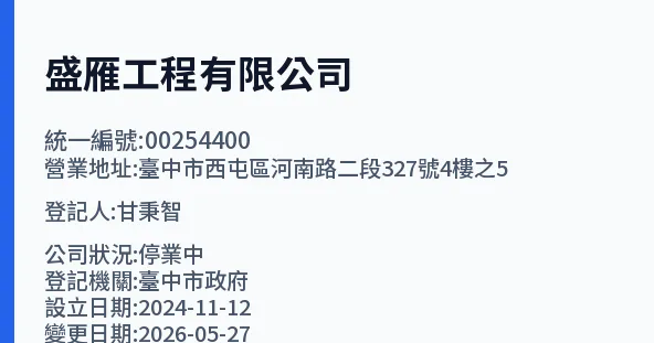 盛雁工程有限公司的照片-統編 00254400(臺中市) 公司登記資料與營業項目詳細圖表