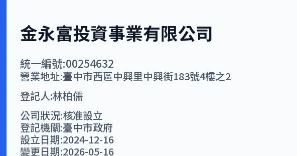 金永富投資事業有限公司的照片-統編 00254632(臺中市) 公司登記資料與營業項目詳細圖表