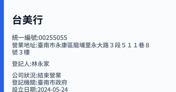 台美行的照片-統編 00255055(臺南市) 公司登記資料與營業項目詳細圖表