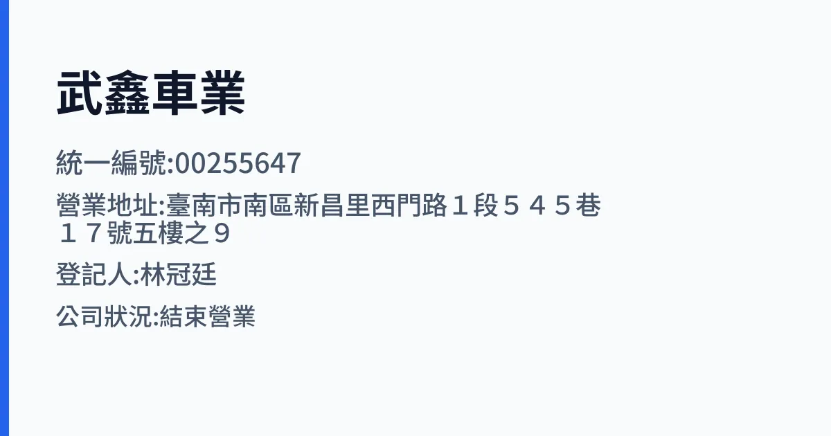 武鑫車業 - 統編 00255647(臺南市) 公司登記資料與營業項目詳細圖表